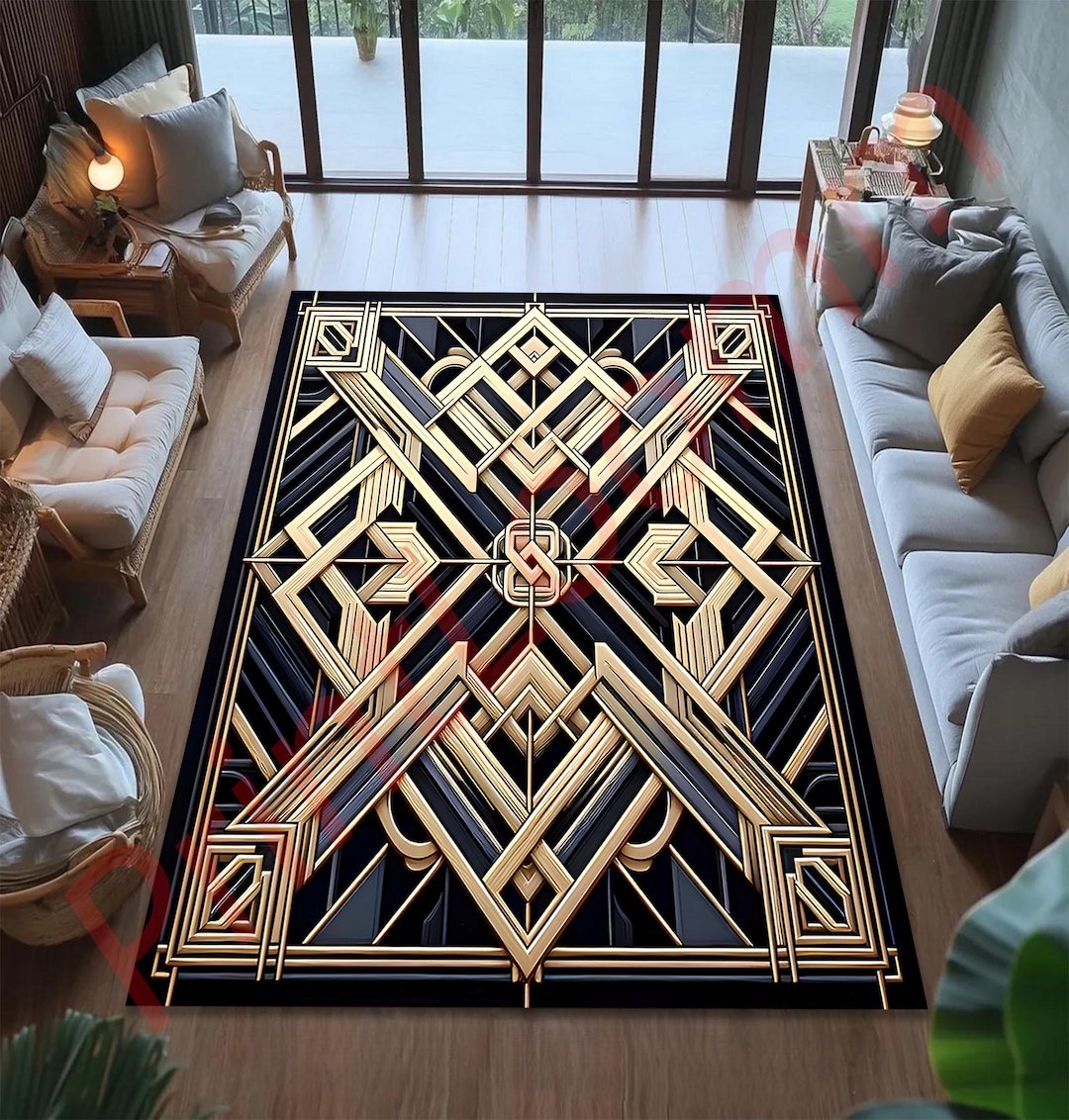 Art Deco Geometric Rug in Gold and Black, Luxury Modern Carpet for ...