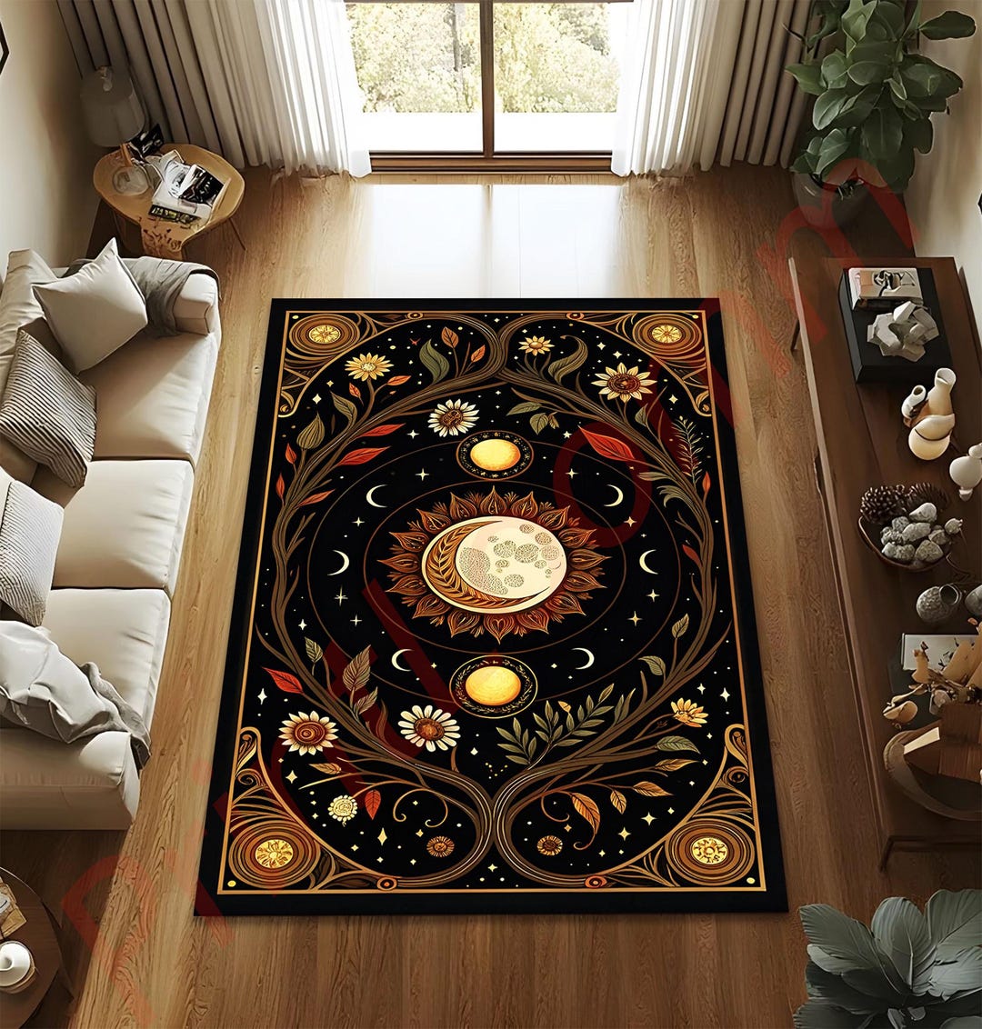 Boho Sun and Moon Area Rug, Celestial Floor Carpet, Mystic Black and ...
