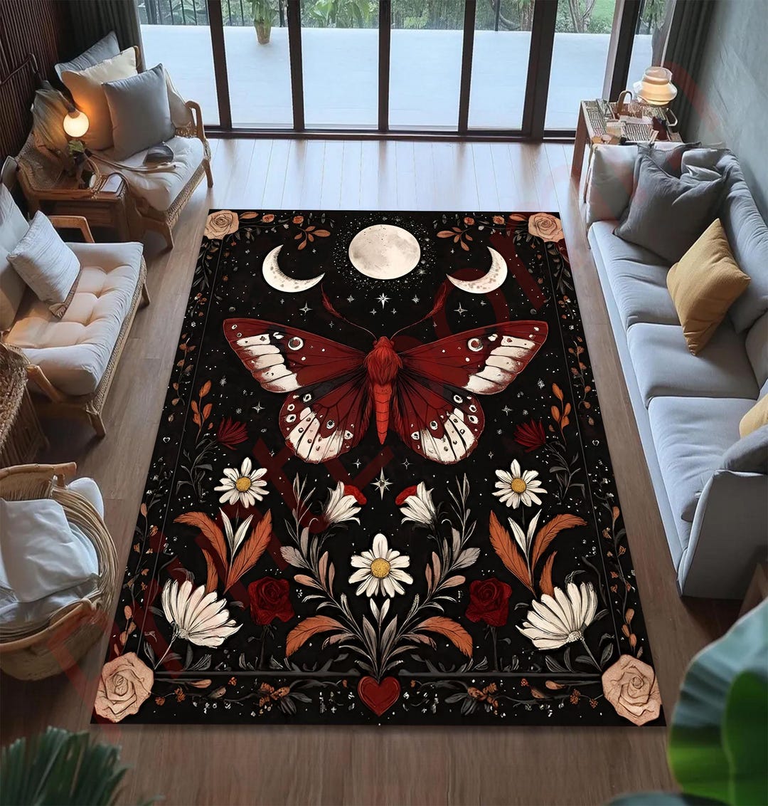 Moth Moon Phase Rug, Gothic Butterfly Carpet, Dark Floral Witchy Decor ...