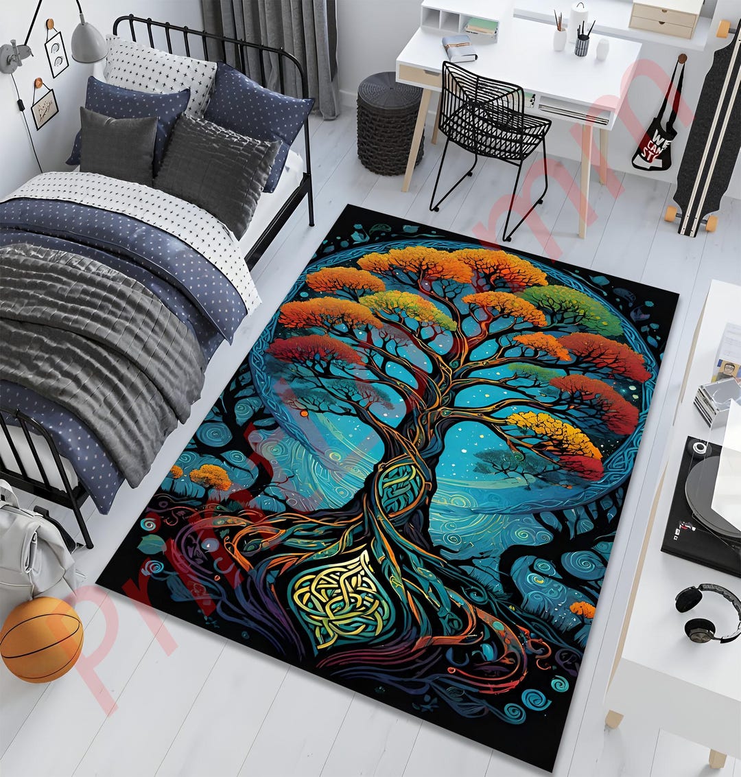 Celtic Tree of Life Rug, Mystical Boho Area Carpet, Vibrant Spiritual ...