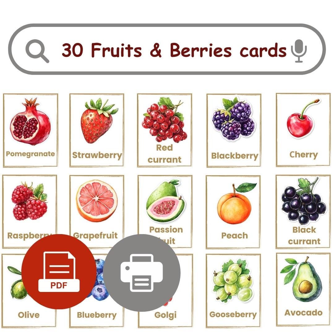 Montessori Flashcards, Fruit and Berries Cards, Preschool Worksheets ...
