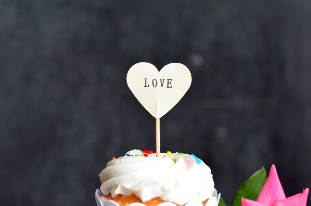 12 LOVE Heart Cupcake Picks, Hand Stamped - the ORIGINAL Handstamped ...
