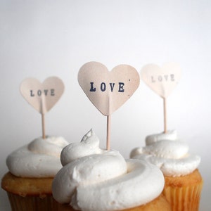 12 LOVE Heart Cupcake Picks, Hand Stamped - the ORIGINAL Handstamped ...
