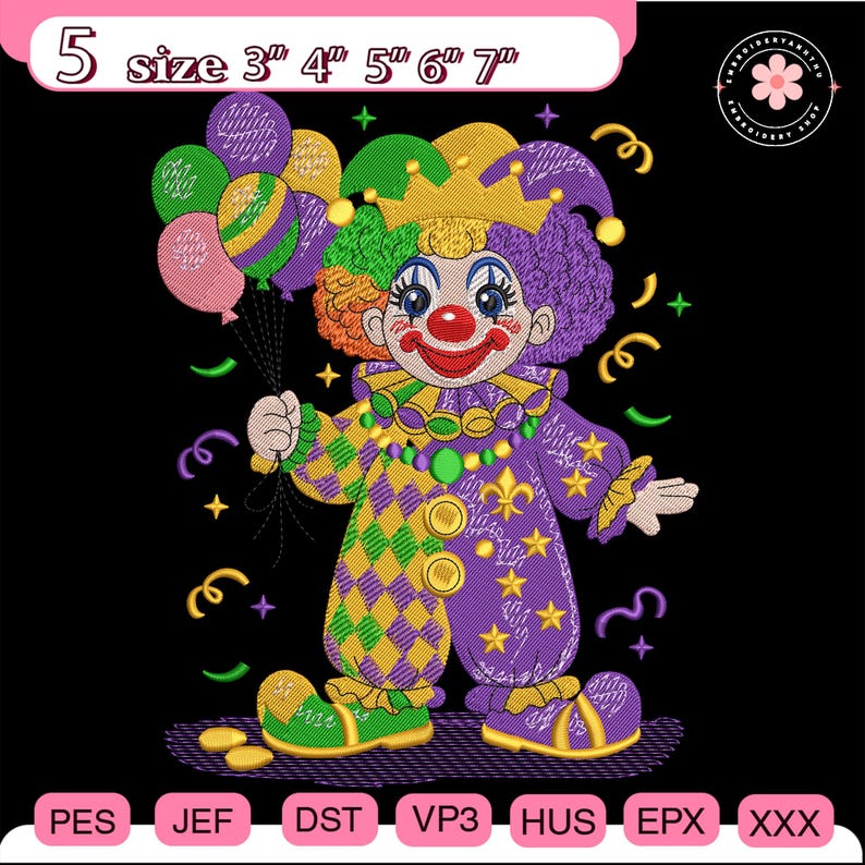 Festive Mardi Gras Jester Clown With Crown and Colorful Balloons ...