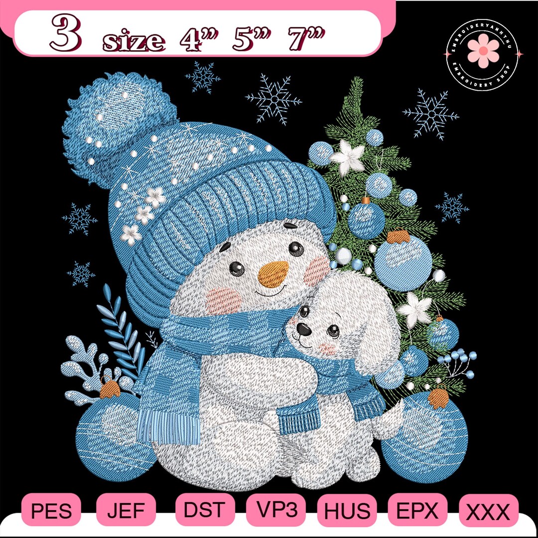 Blue Christmas Snowman and Dog Embroidery File, Christmas Cute Snowman ...