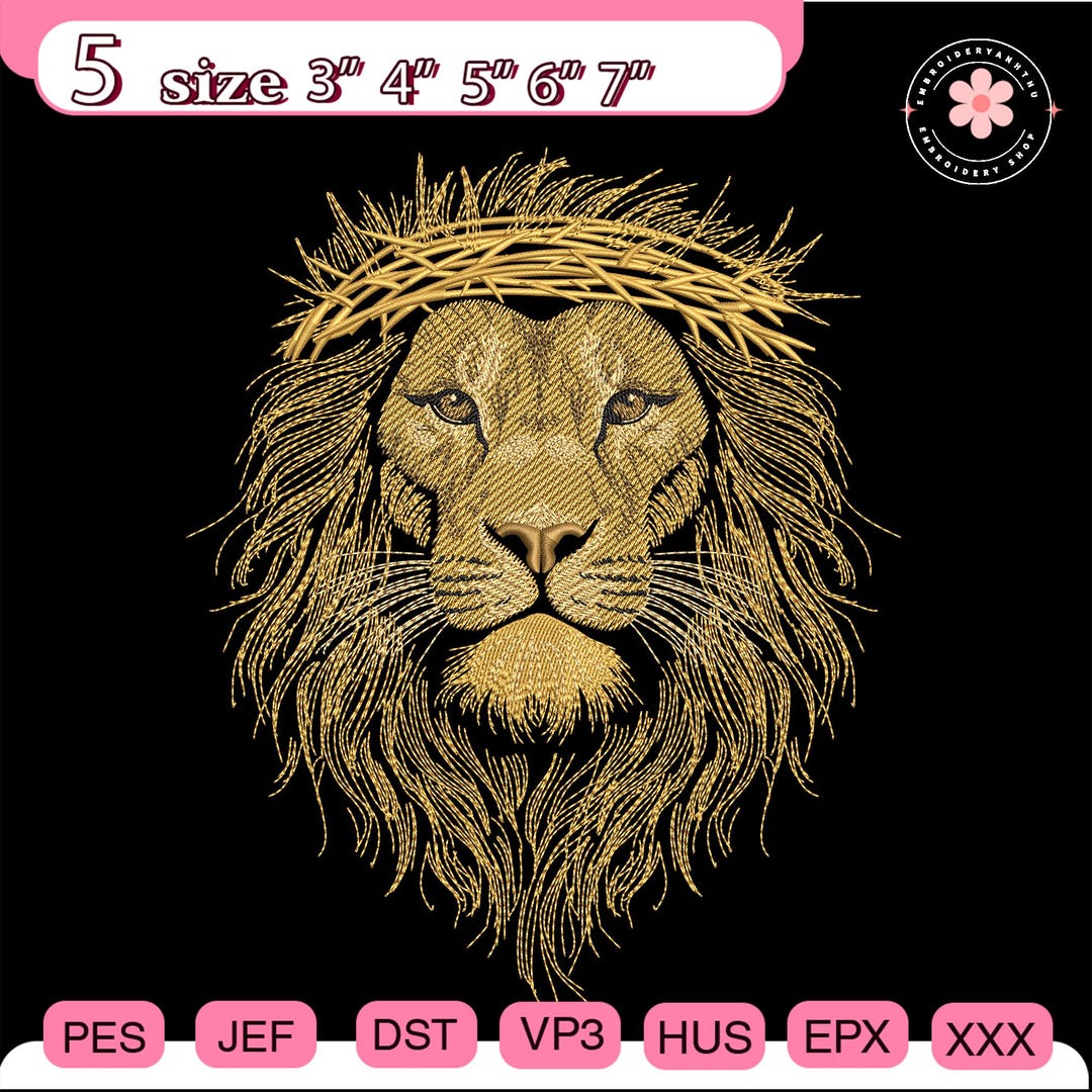 Lion of Judah Embroidery Design, Lion With Crown of Thorns Pattern ...