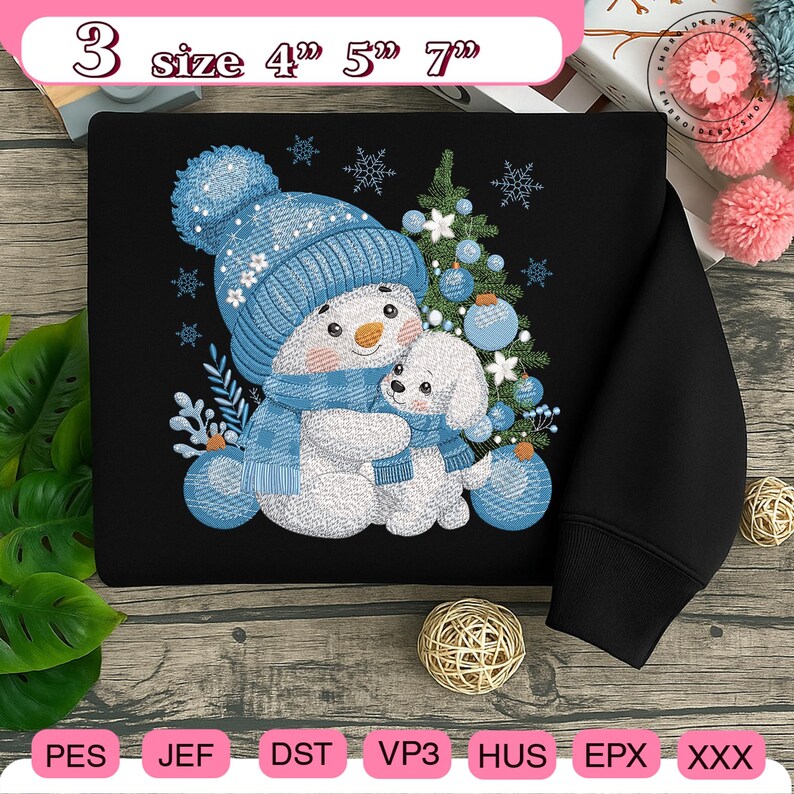 Blue Christmas Snowman and Dog Embroidery File, Christmas Cute Snowman ...