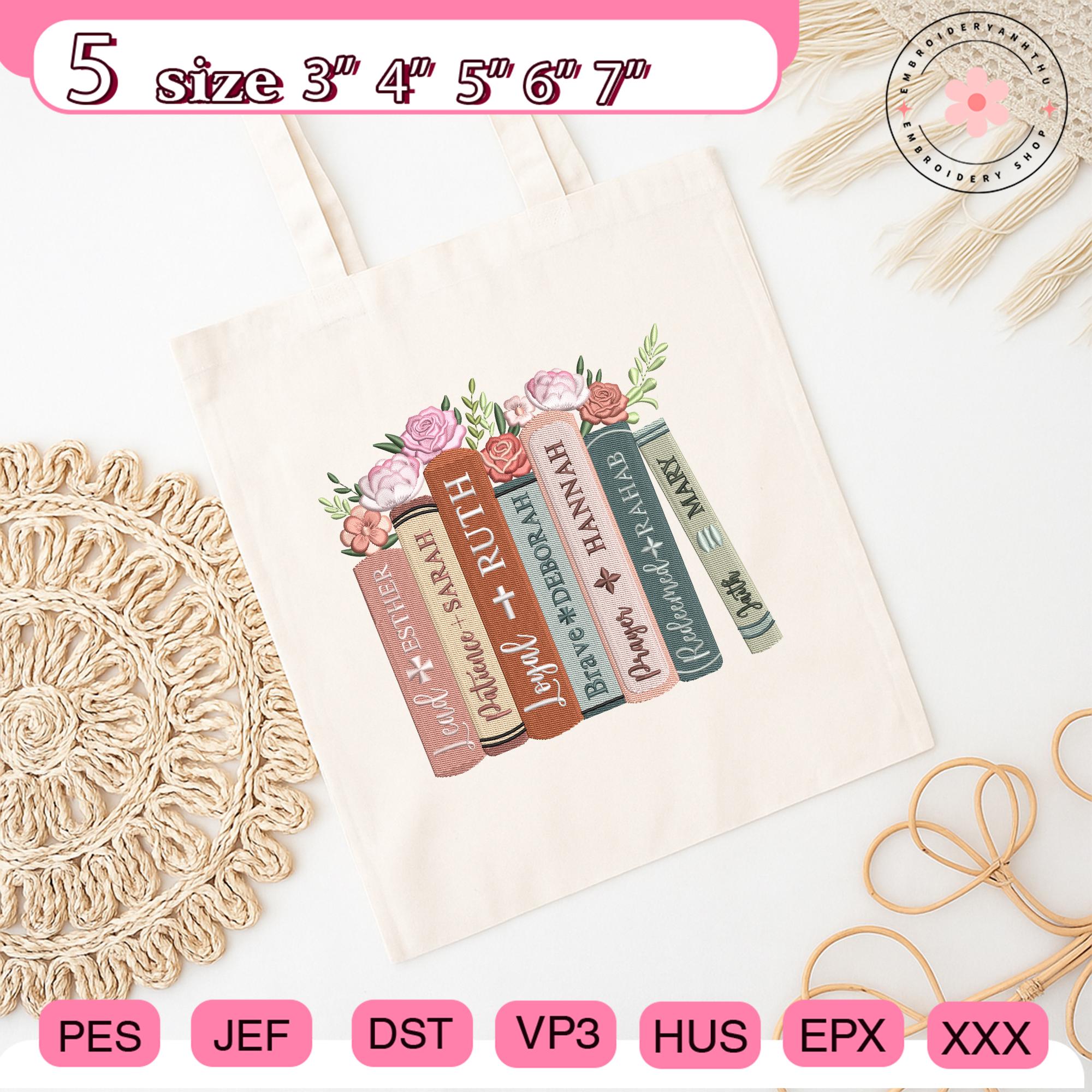 Bible Women Bookshelf Embroidery Design, Floral Scripture Names Pattern ...