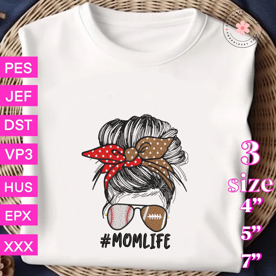 Messy Bun Mom Embroidery Designs, Baseball Mom T-shirt Embroidery ...