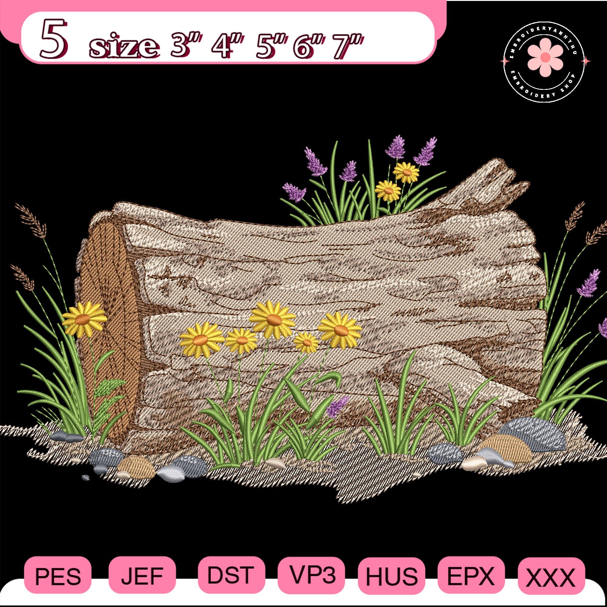 Rustic Log Garden Embroidery Design, Wildflower Wooden Log Embroidery ...