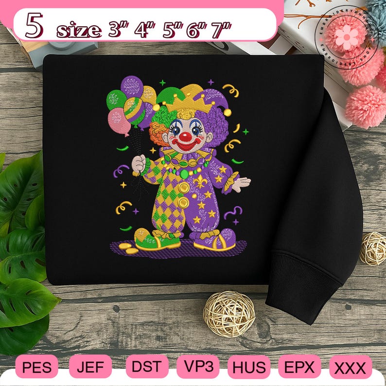 Festive Mardi Gras Jester Clown With Crown and Colorful Balloons ...