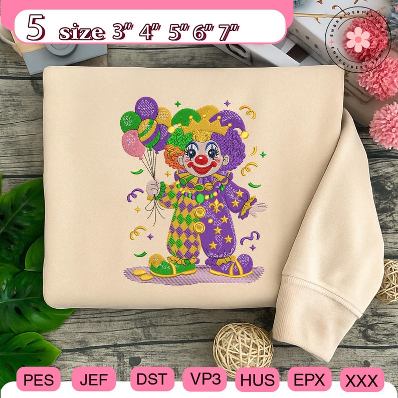 Festive Mardi Gras Jester Clown With Crown and Colorful Balloons ...