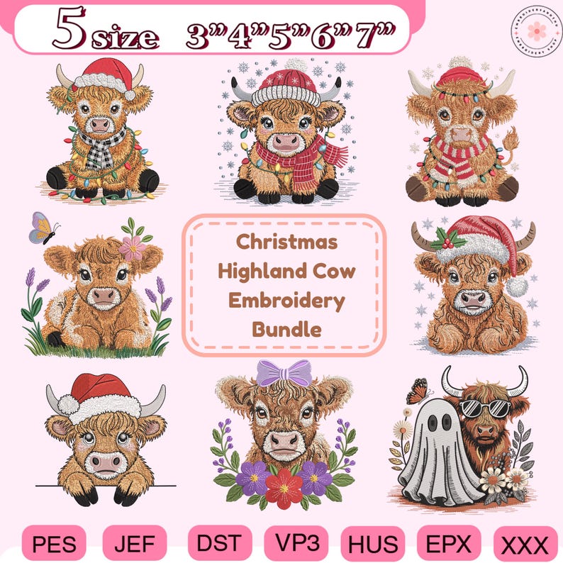 Christmas Highland Cow Embroidery Bundle, Christmas Cow Santa Claus ...