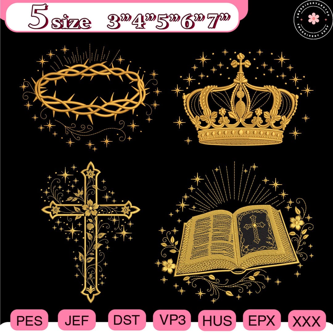 Faith Embroidery File, Golden Gold Cross Crown Book Jesus Flower ...