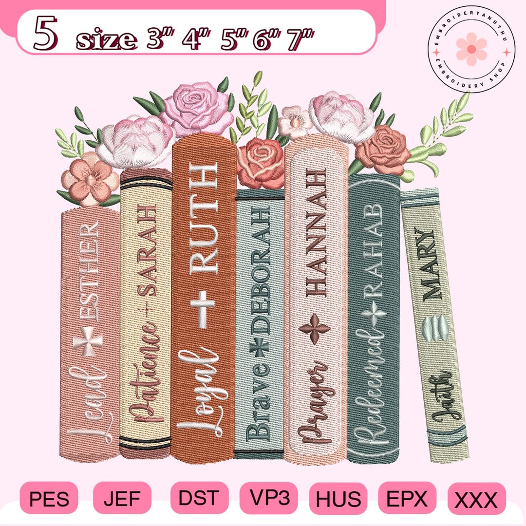 Bible Women Bookshelf Embroidery Design, Floral Scripture Names Pattern ...