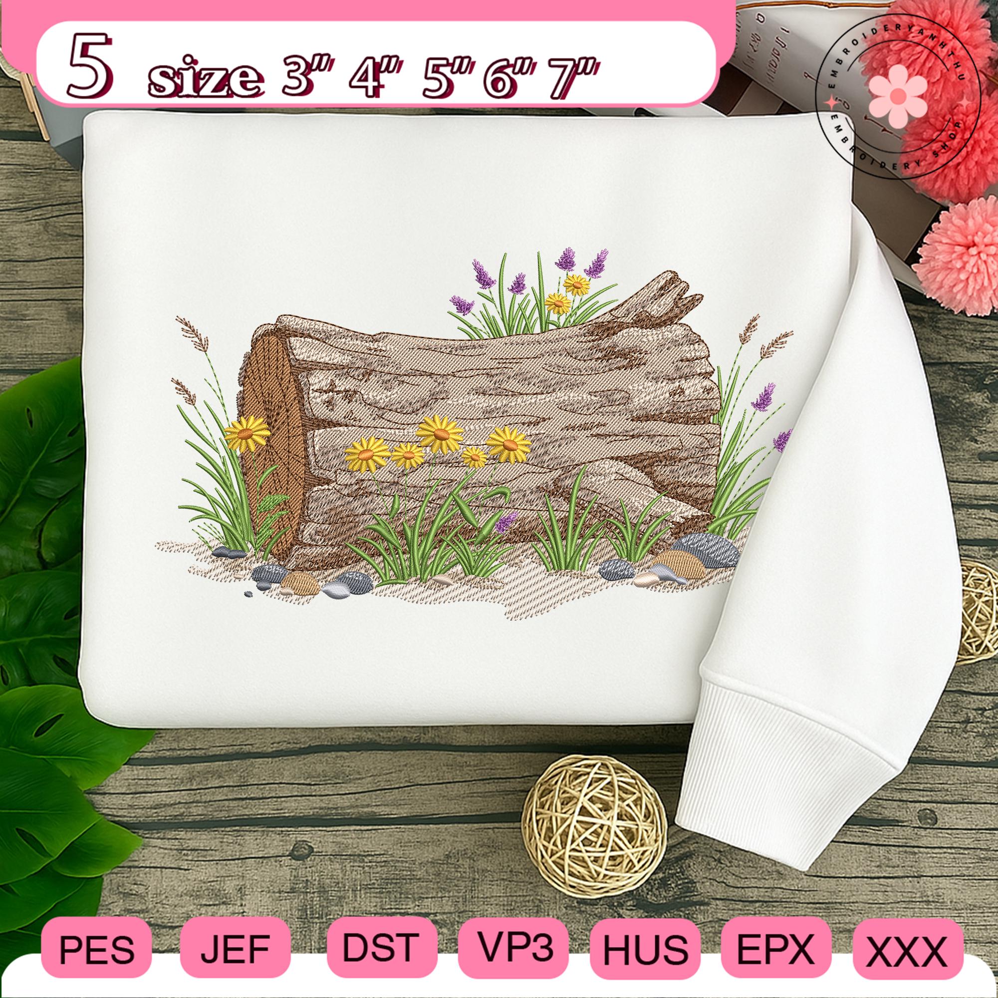 Rustic Log Garden Embroidery Design, Wildflower Wooden Log Embroidery ...