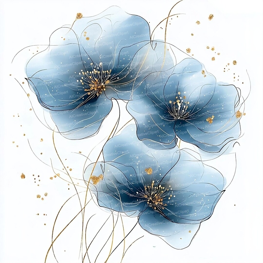 Abstract Watercolor Flower Clipart: Blue Floral PNG/JPG (digital ...