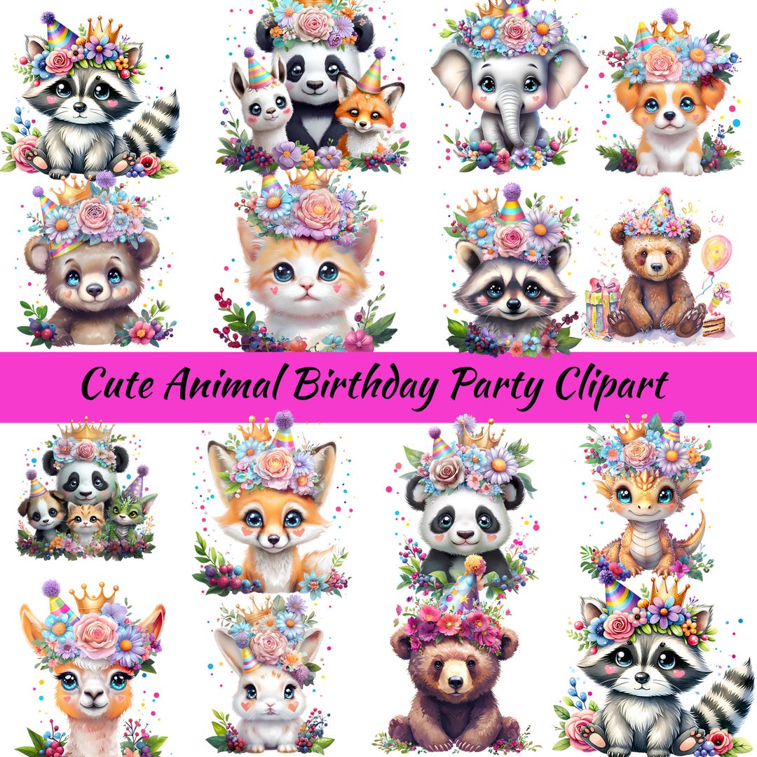 15 Cute Animal Birthday Party Clipart, Woodland Animals Birthday PNG ...