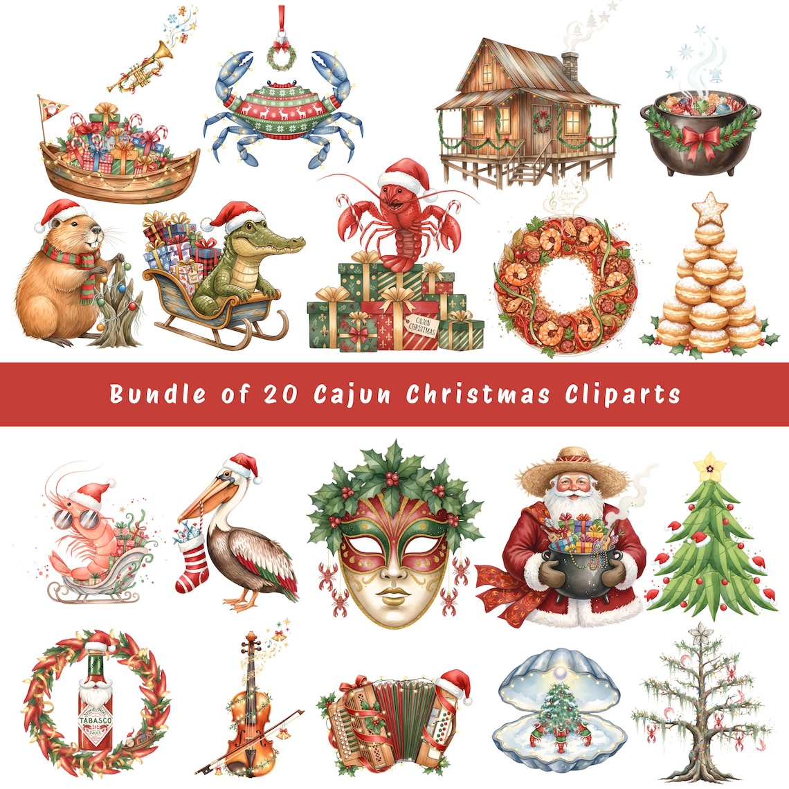 Bundle of 20 Cajun Christmas Clipart, Watercolor Cajun Santa and ...
