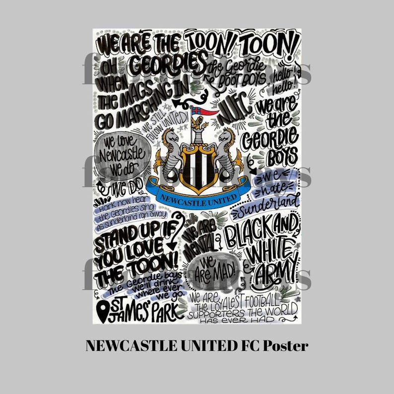 Newcastle United FC - Chants Poster - Originally Hand Drawn - Football ...
