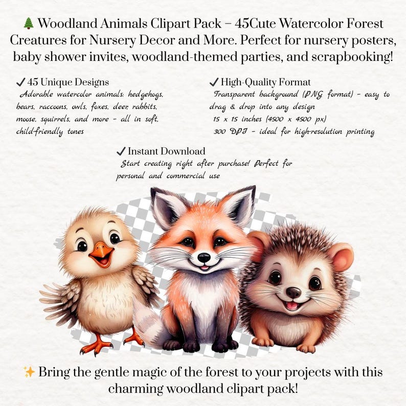 Watercolor Forest Animals - 45 PNG Clipart Pack. Cute Baby Animals ...
