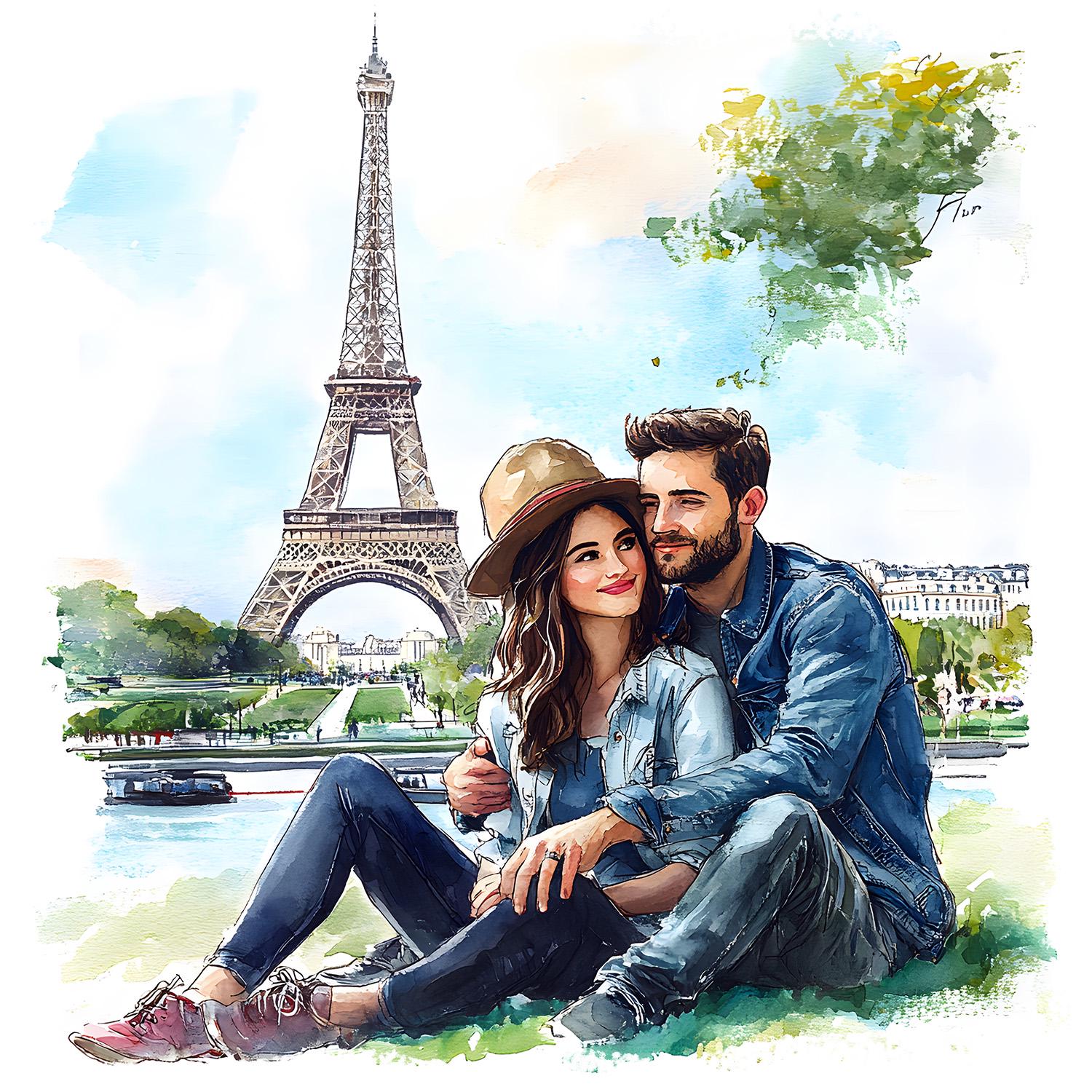 10 JPG Romantic Couple in Love Illustrations With Eiffel Tower in Paris ...