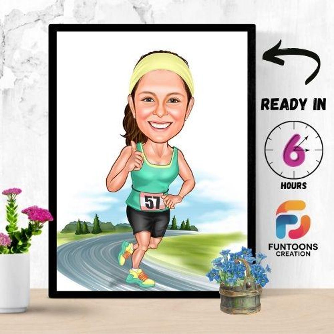 Custom Running Caricature: Personalized Digital Portrait, Runner Gift ...