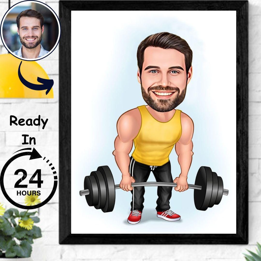 Custom Gym Cartoon Portrait, Fitness Trainer Caricature, Weight Lifter ...