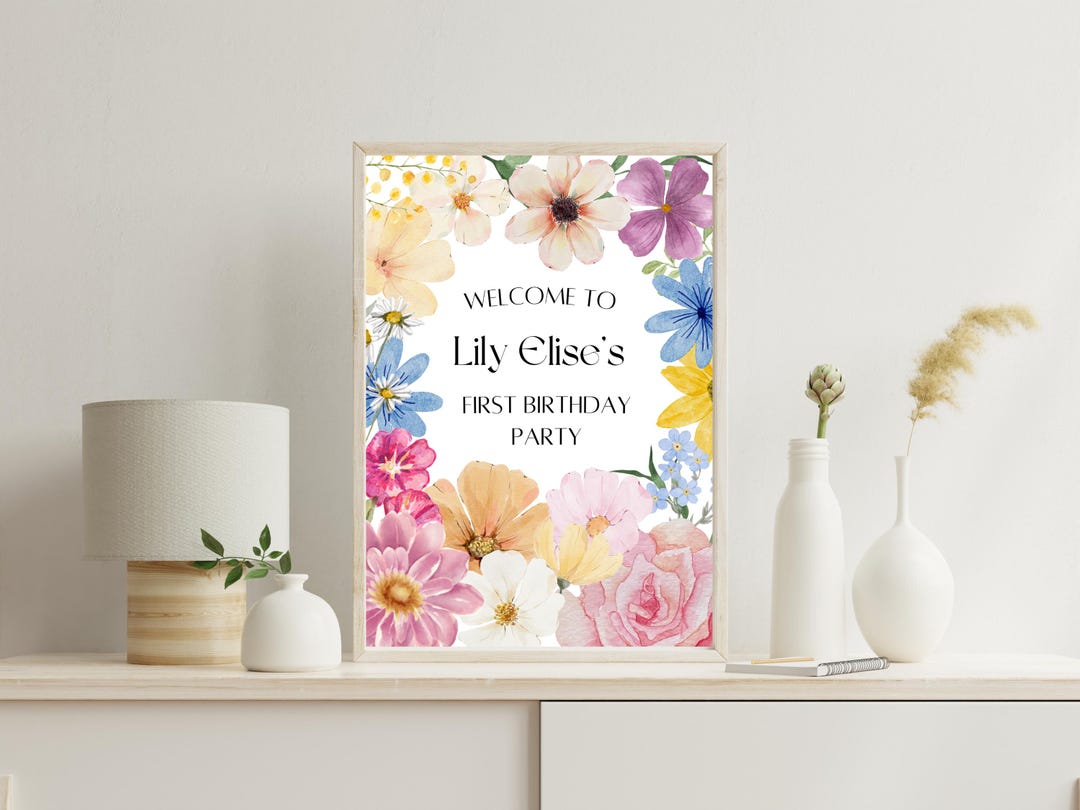 First Birthday Party Welcome Poster, One Growing Girl, Floral First ...