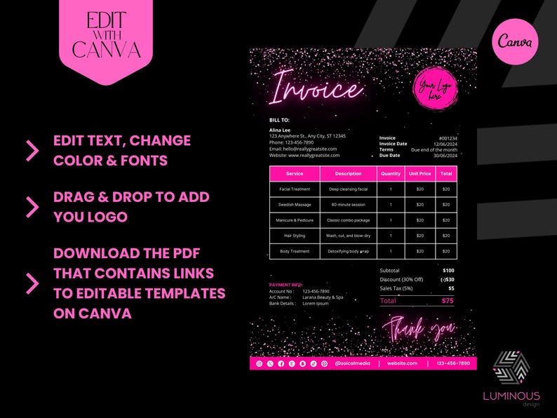 Beauty Business Invoice, Editable Invoice for Makeup Artists, Invoice ...