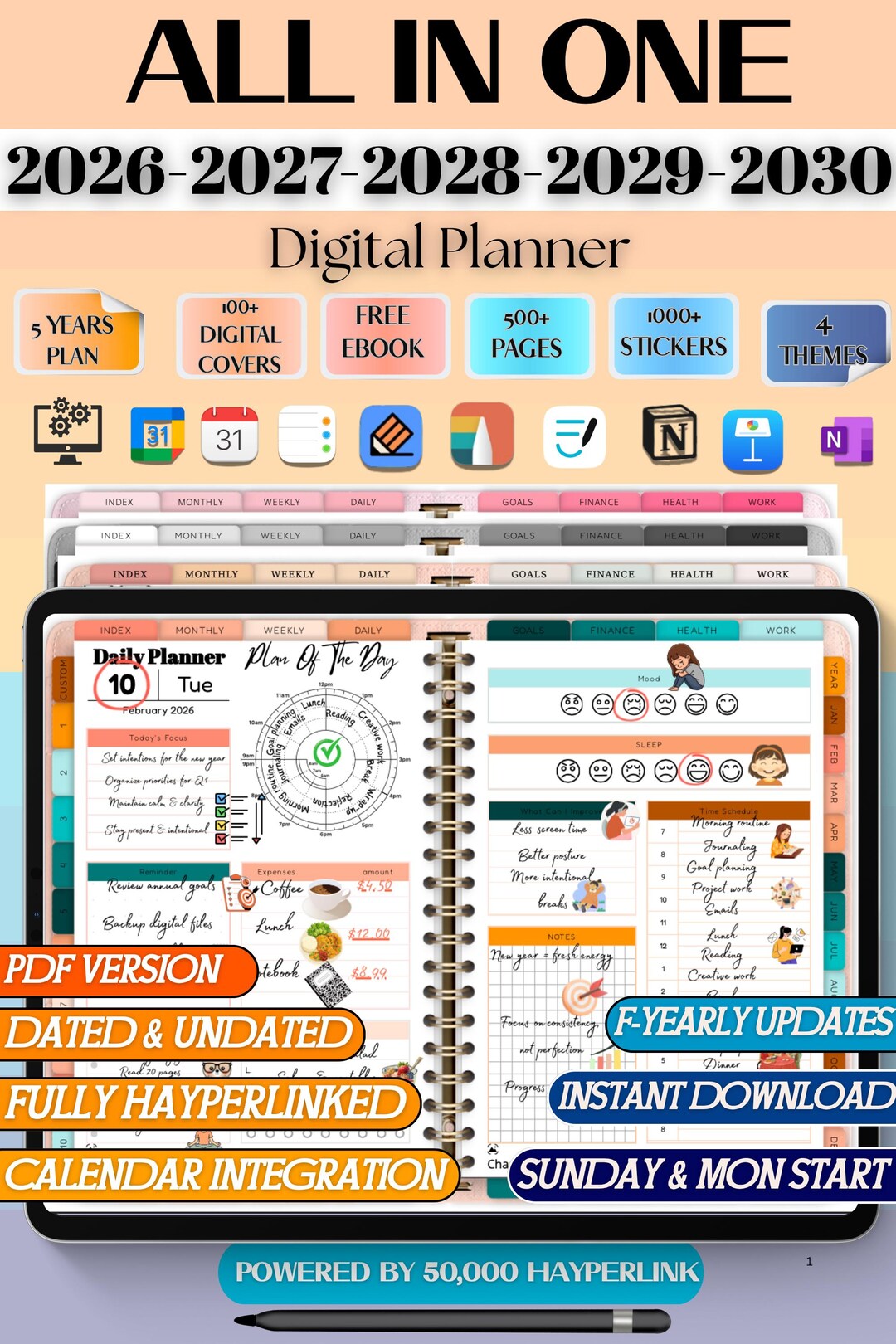 5-year Digital Planner 2026-2030 | Hyperlinked iPad Organizer (digital ...