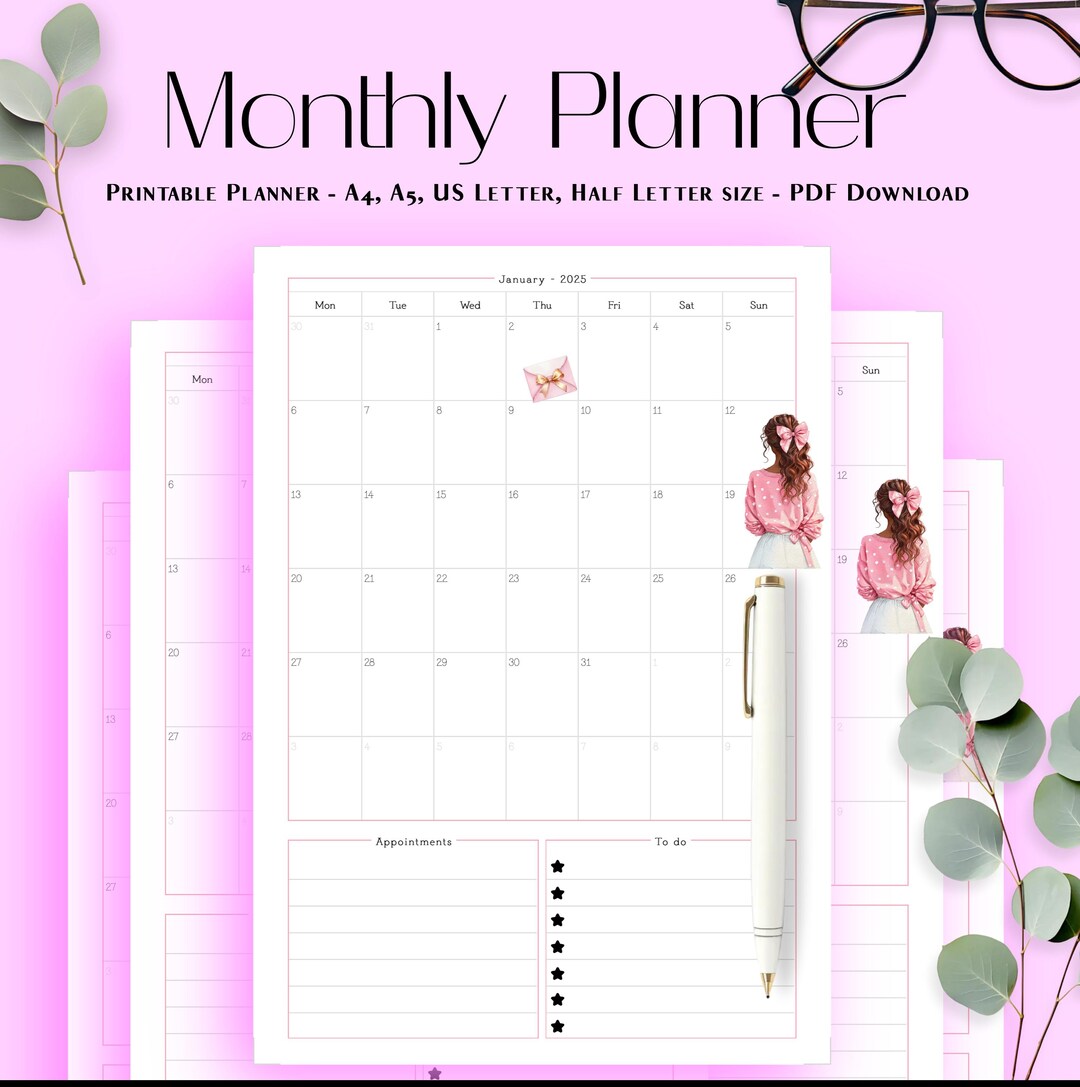 2025-2026 Monthly Planner Printable: Pink Calendar (digital Download ...