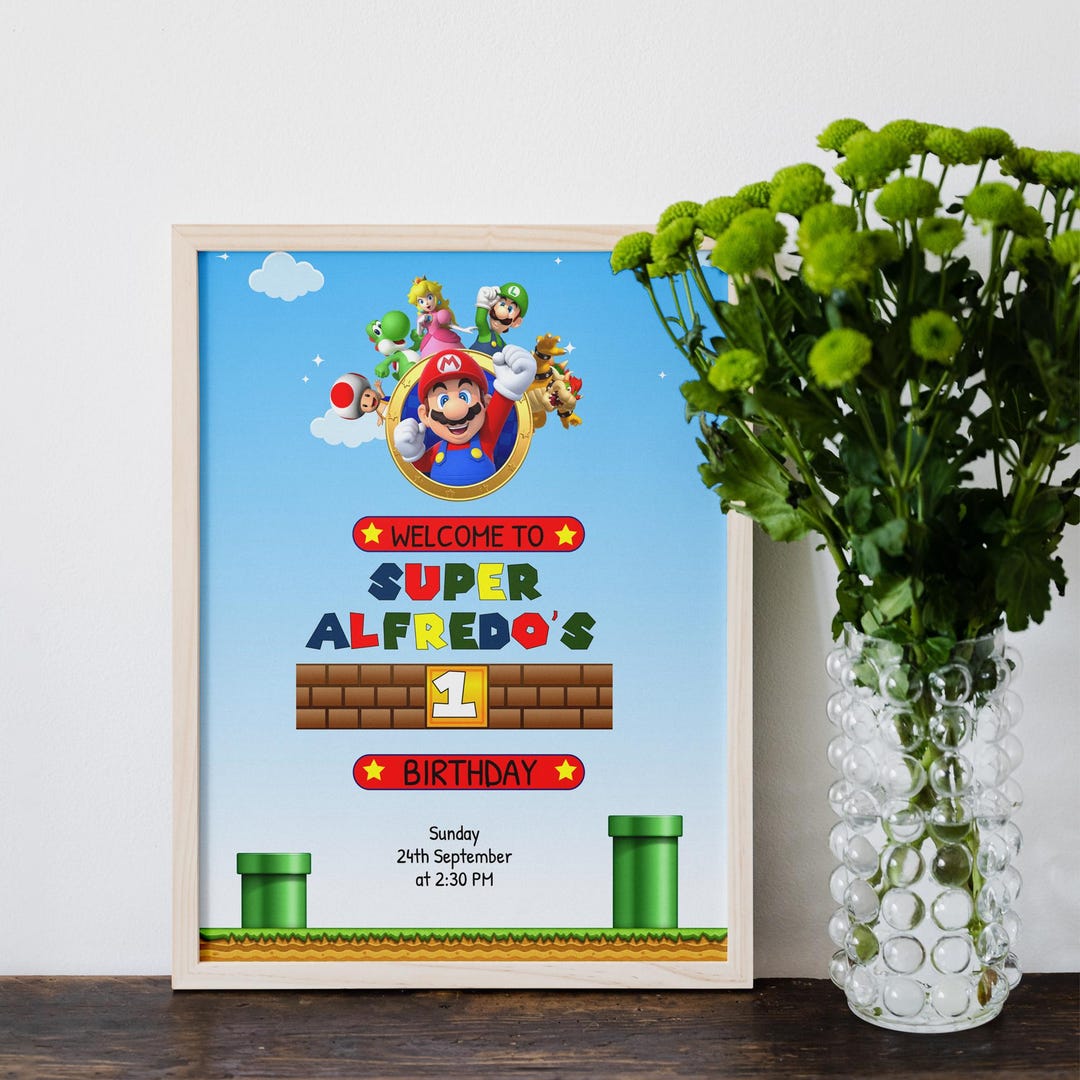 Mario 1st Birthday Welcome Sign, Printable Mario Party 1st Birthday ...