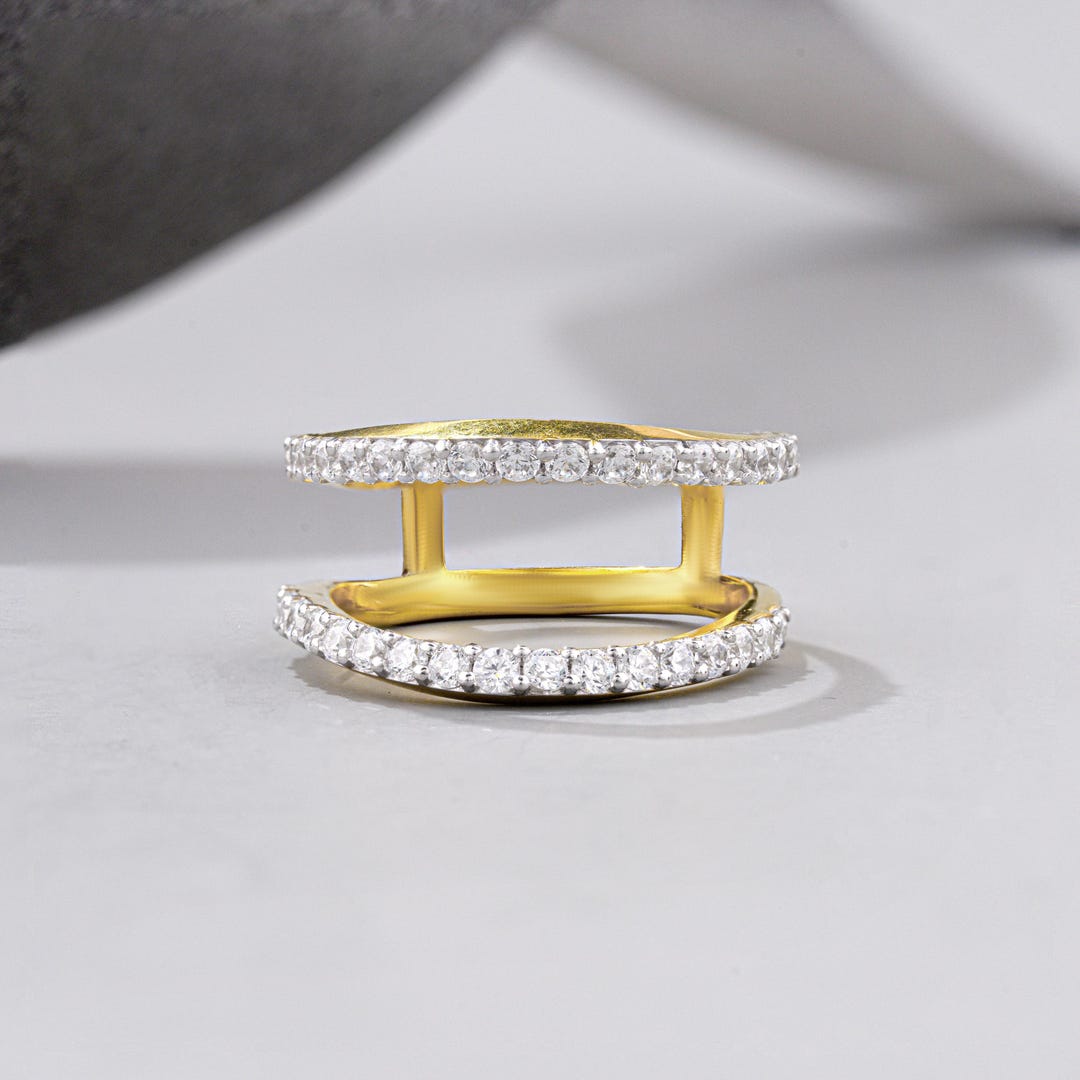 Double Row Diamond Ring, Half Eternity Minimalist Ring, Double Layered ...