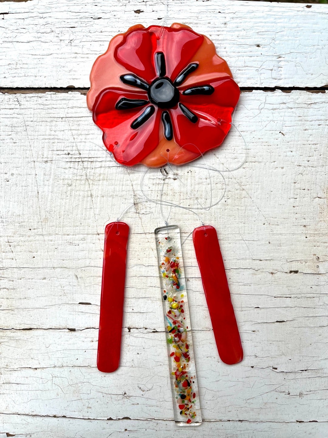 Floral Glass Wind Chime: Red Flower Suncatcher, Handmade Garden Decor ...