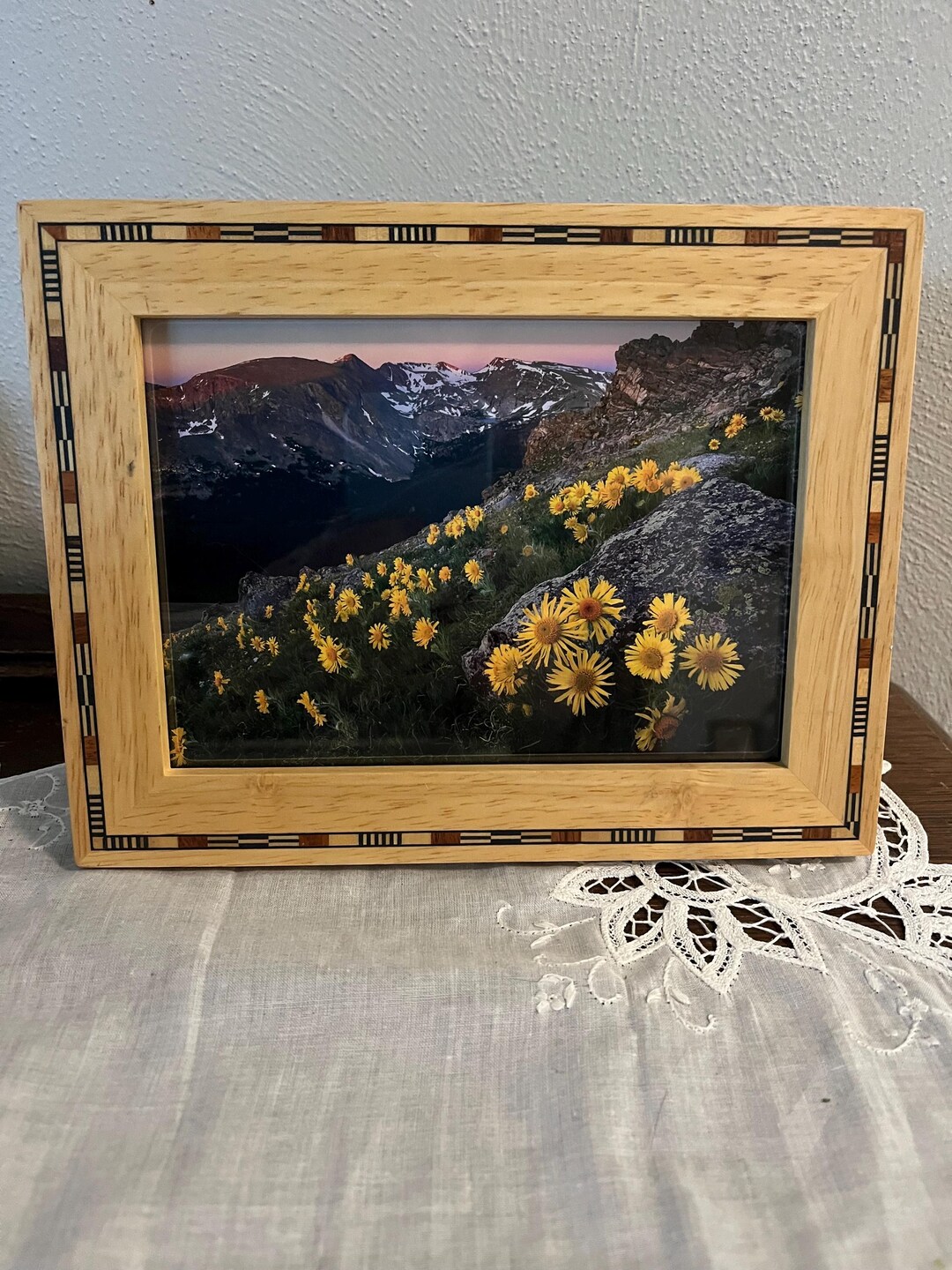 Wood Inlay Picture Frame With Floral Mountain Picture - Etsy