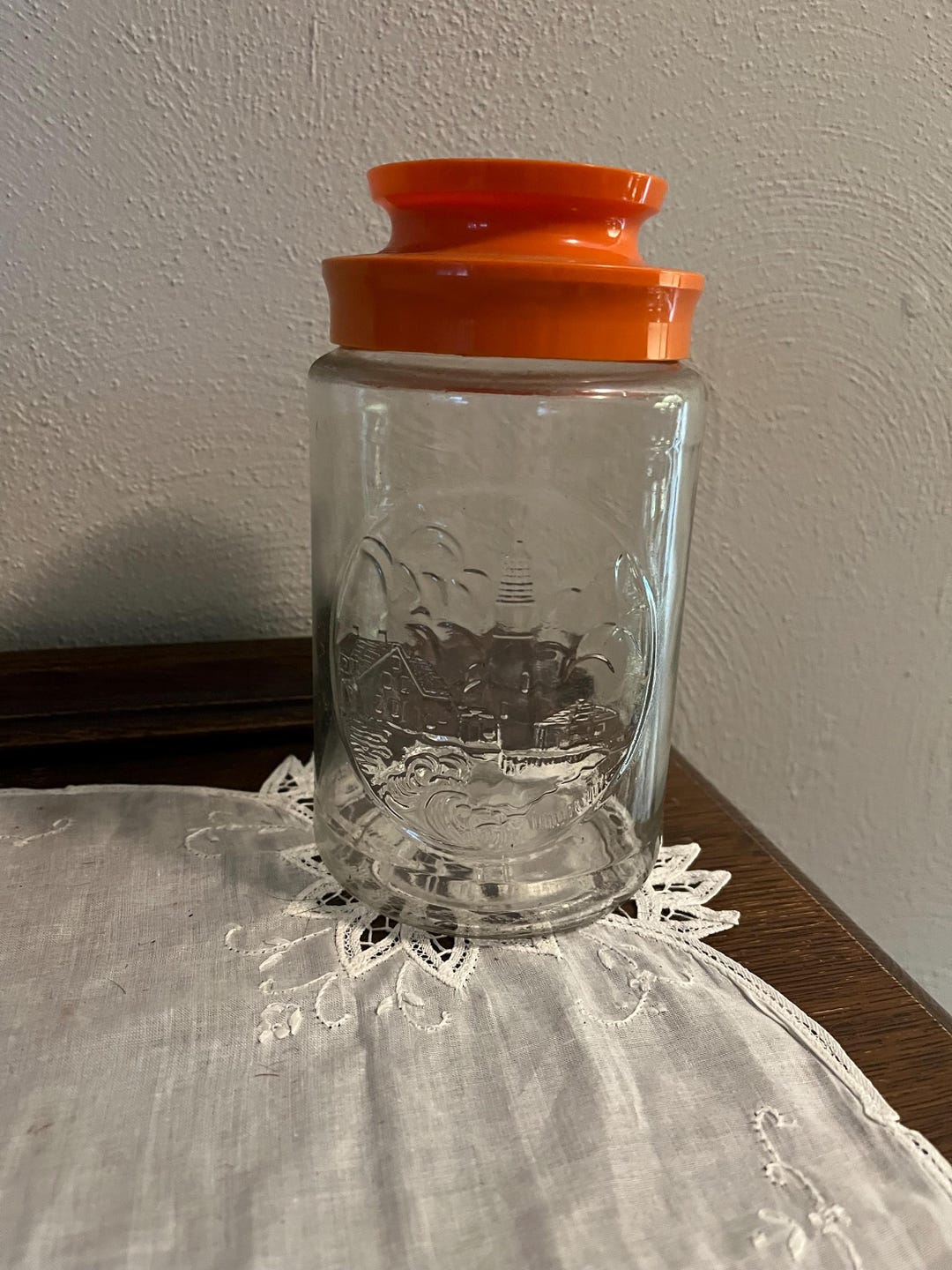 Vintage Tang Clear Glass With Lighthouse and Orange Lid - Etsy