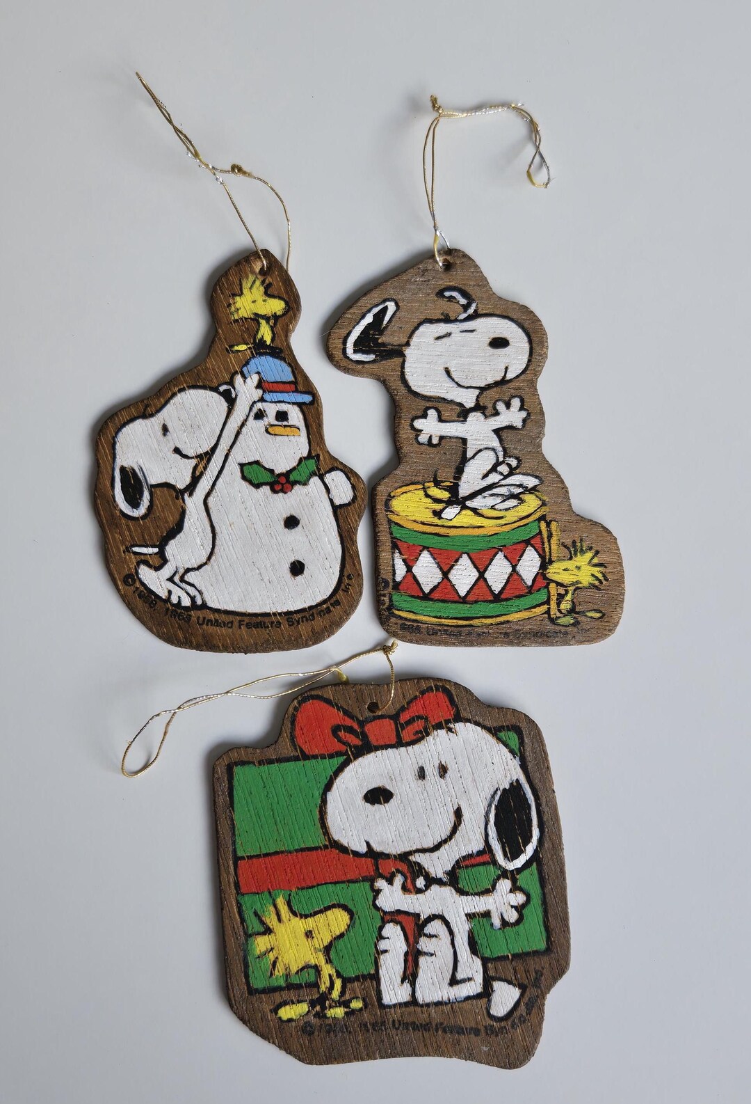 Wooden Snoopy and Woodstock Christmas Ornaments Vintage Set of 3 50s ...