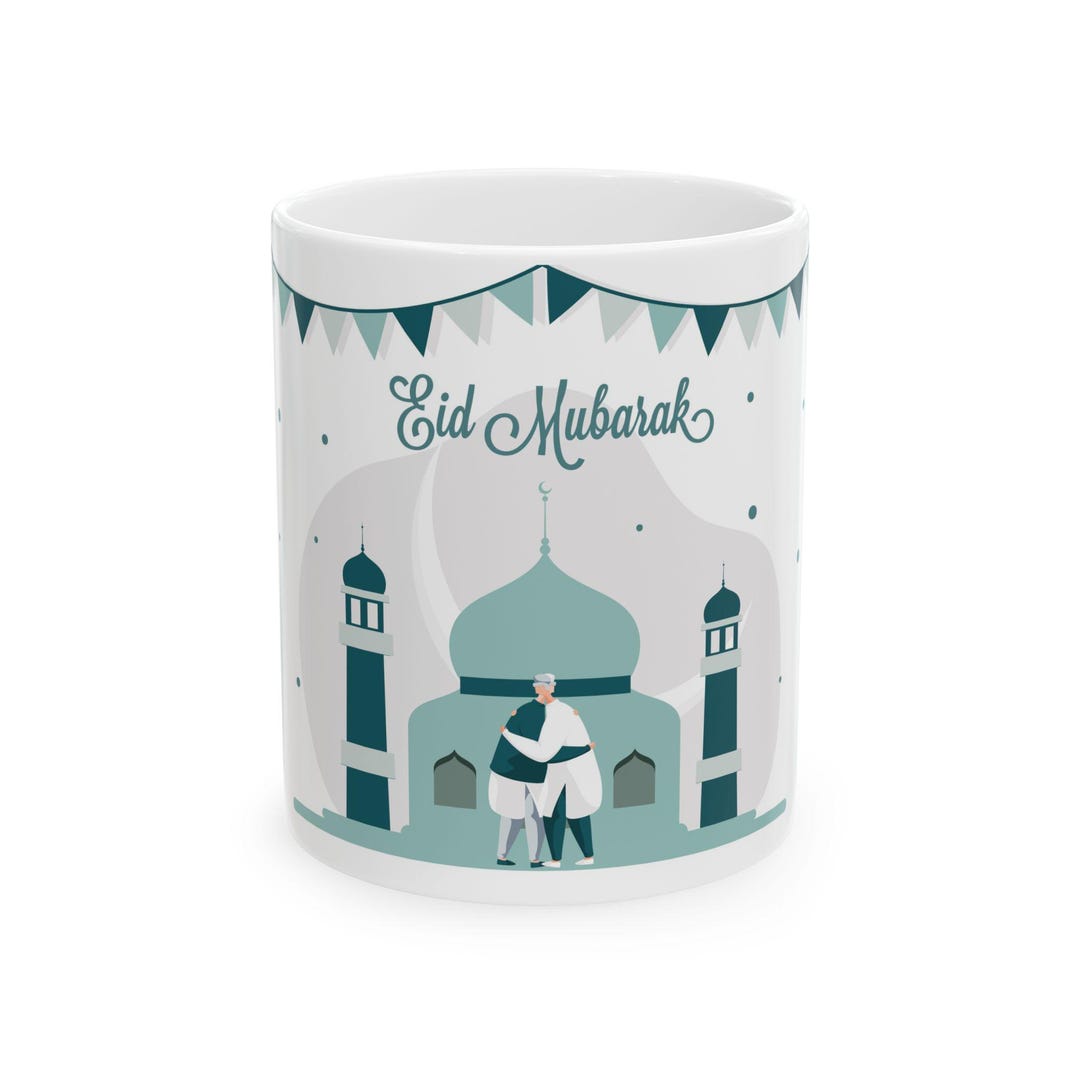 Islamic Ceramic Mug, Eid Mubarak Light Blue Mosque Silhouette Coffee ...