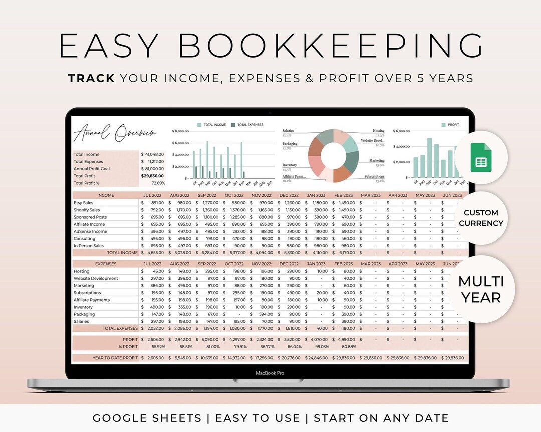 Easy Bookkeeping Spreadsheet for Business | Accounting & Sales Tracker ...