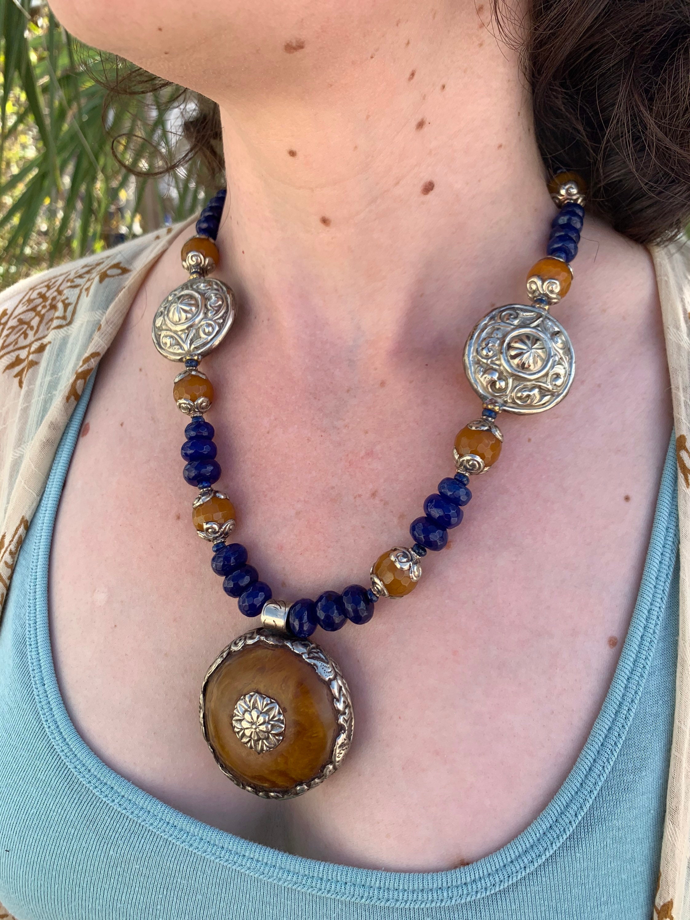 Azure & Amber Traditional Tibetan Style Necklace with Silver - Etsy.de