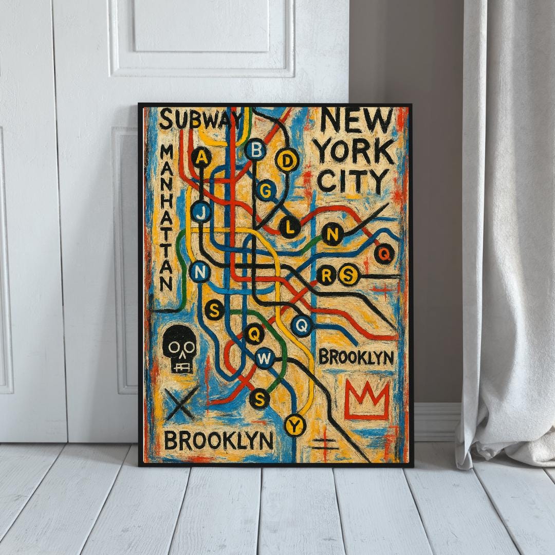 Minimalist Basquiat Style NYC Subway Map Print, Abstract Urban Art, New ...