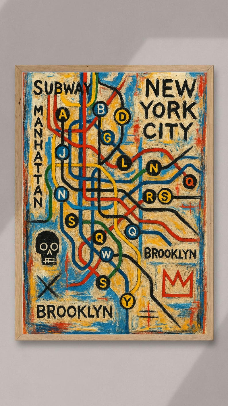 Minimalist Basquiat Style NYC Subway Map Print, Abstract Urban Art, New ...