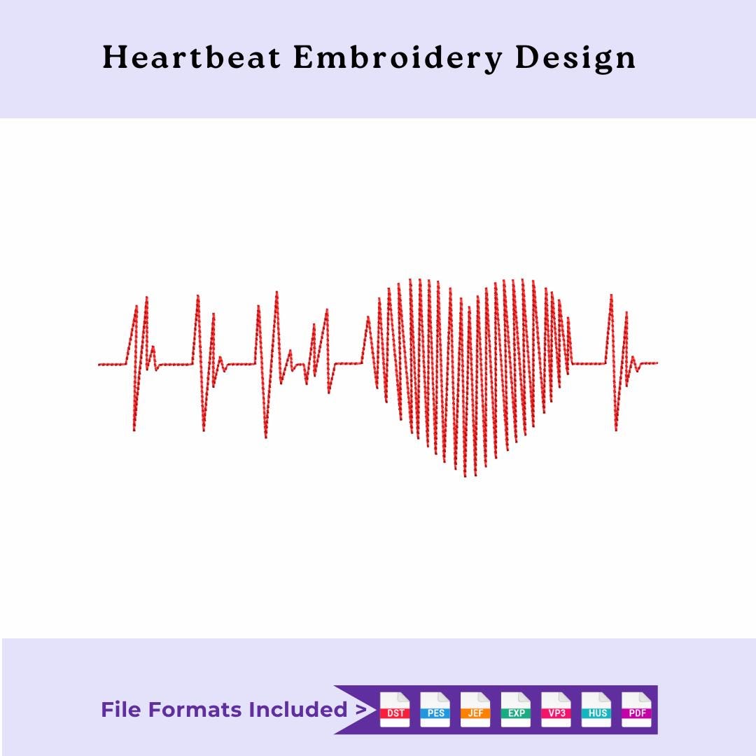 Heartbeat Embroidery Design | Romantic ECG Heart Patch (digital ...