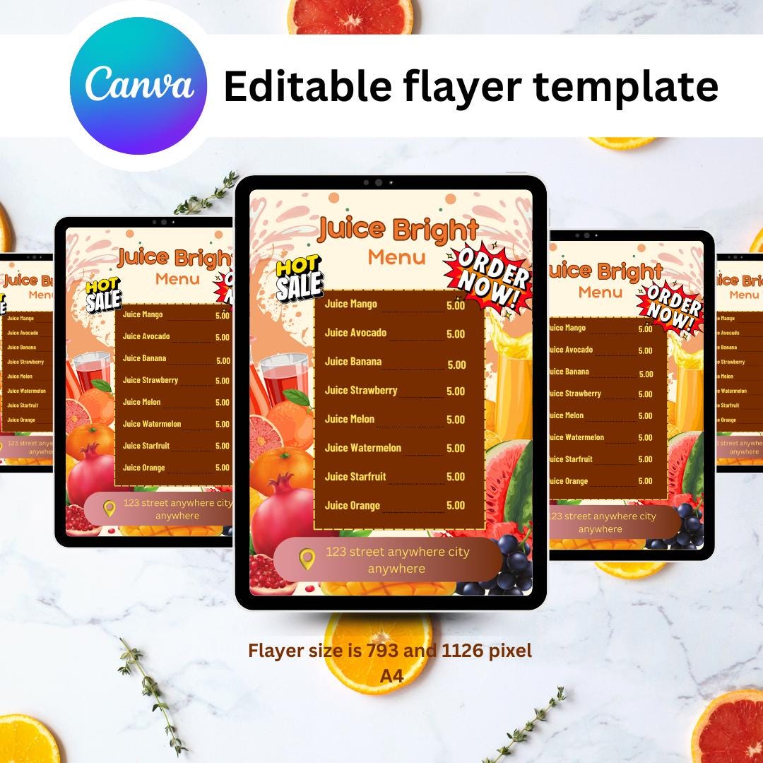 Editable Canva Juice Bar Flyer Template Tropical Drink Menu Design ...