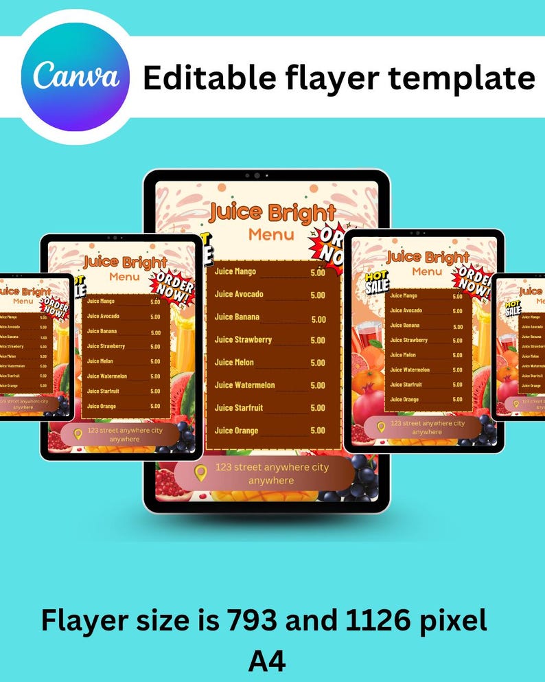 Editable Canva Juice Bar Flyer Template Tropical Drink Menu Design ...