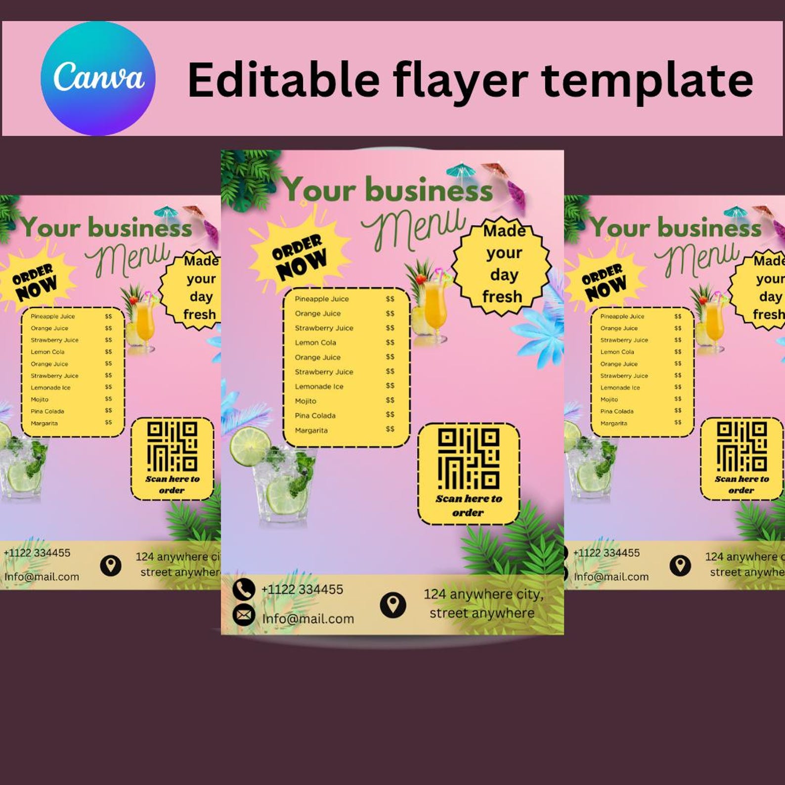 Editable Canva Juice Bar Flyer Template Tropical Drink Menu Design ...