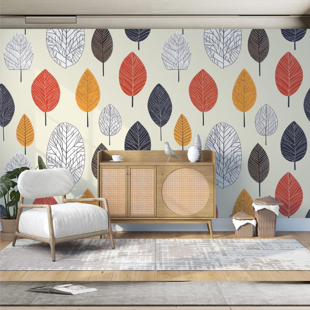 Retro Mid Century Modern Leaf Wallpaper Mural in Mustard, Orange, Black ...