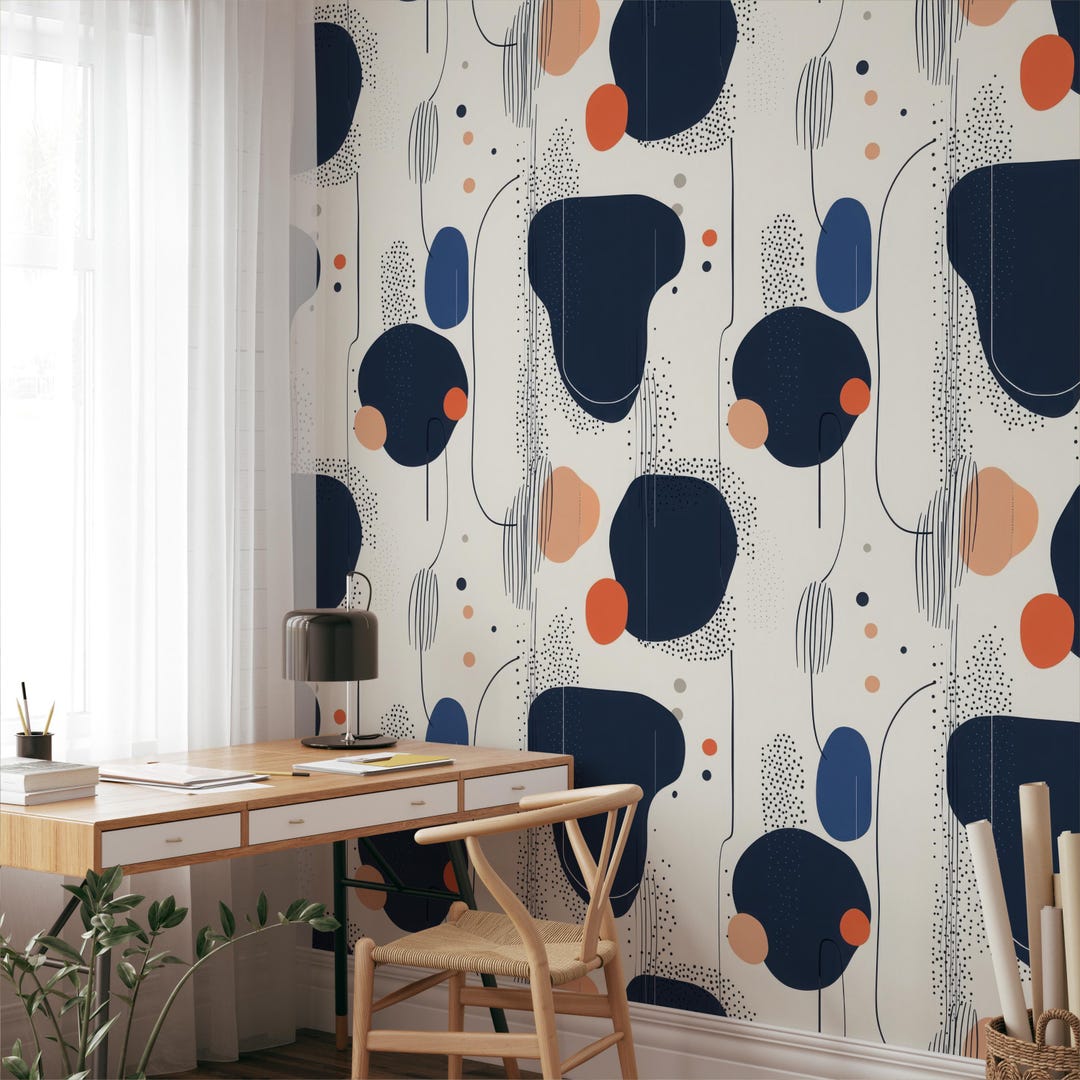 Modern Abstract Dot and Blob Wallpaper in Navy Blue, Coral, and Beige ...