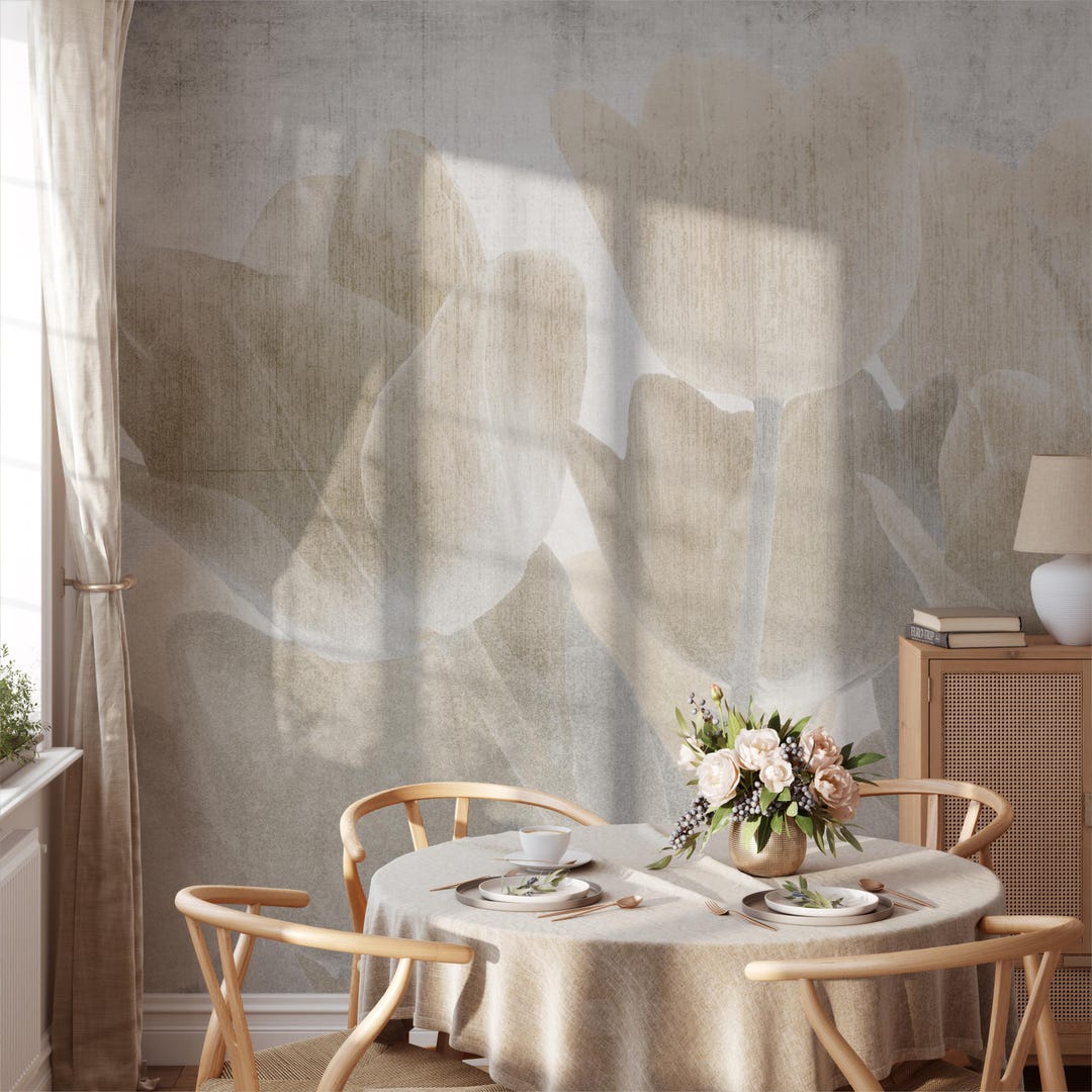 Soft Neutral Tulip Wallpaper Mural in Beige and Ivory Tones With ...